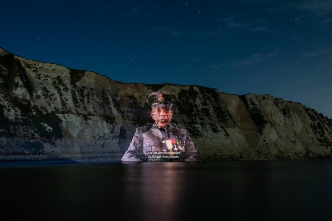 Led By Donkeys project #Justice4Windrush message onto White Cliffs of ...