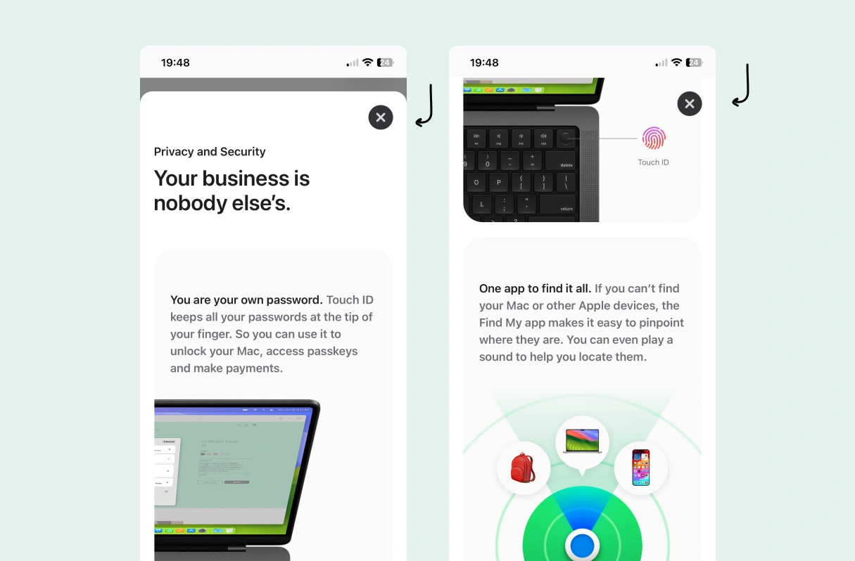 Bitesized UX example: Apple store's sticky close buttons