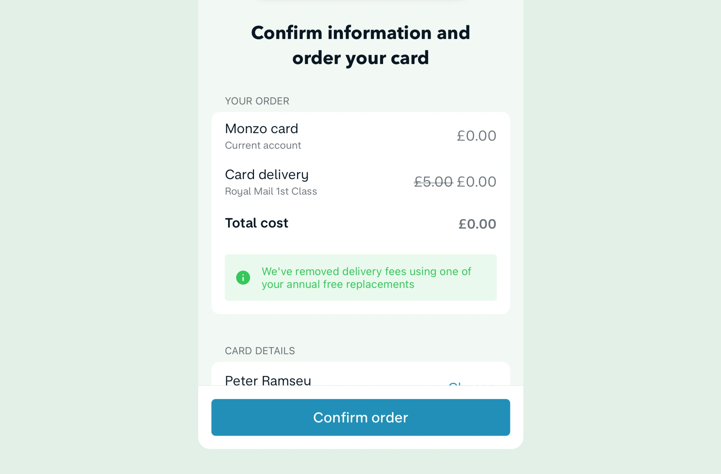 Bitesized UX example: Monzo's free replacement card