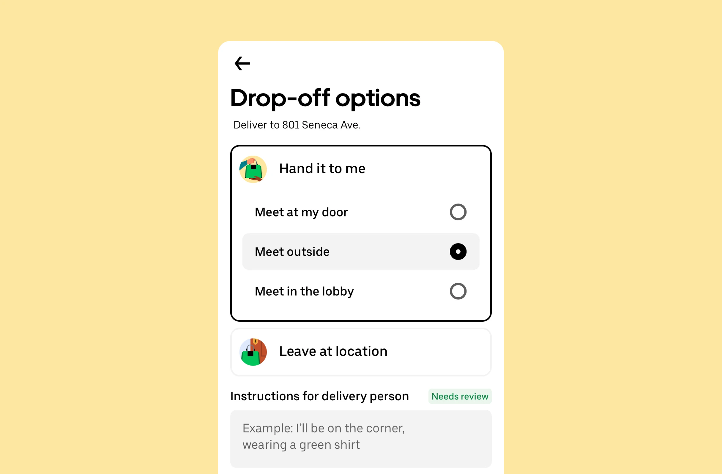 Bitesized UX example: Uber Eats drop off options